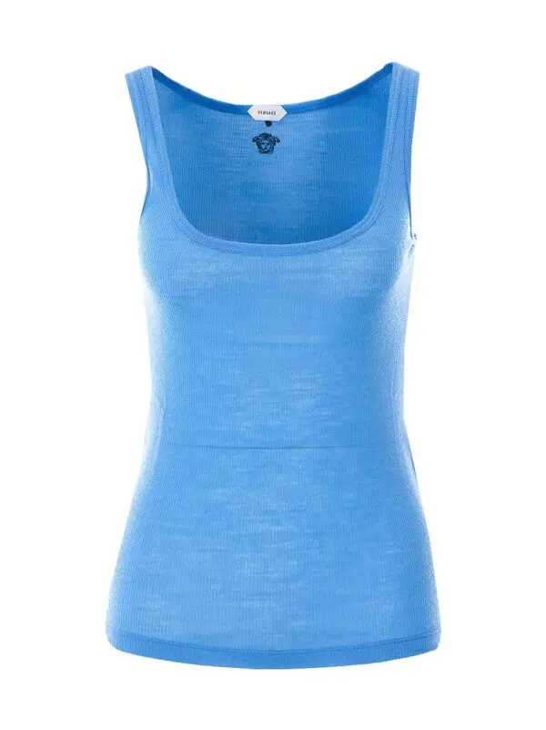 Versace Embroidered Medusa Ribbed Wool Tank Top - Blue
