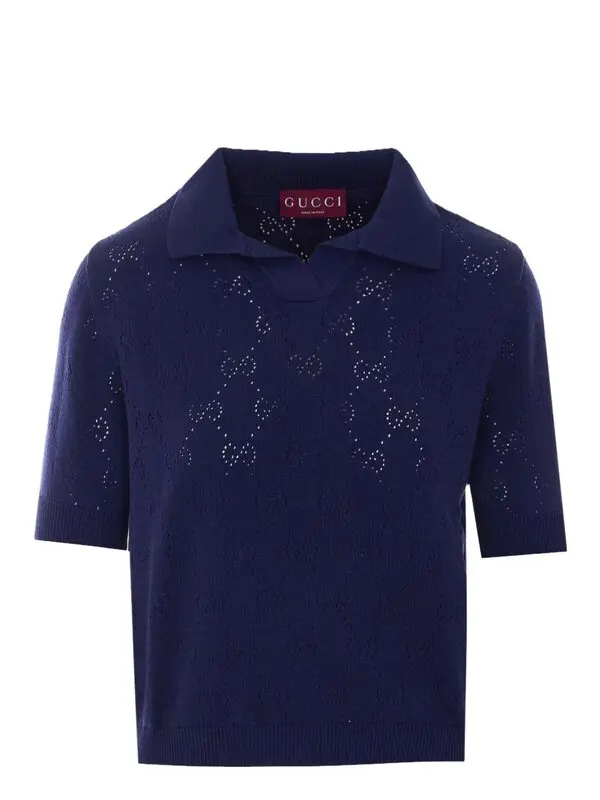Gucci Pointelle Silk And Cotton Polo With All Over Logo - Blue