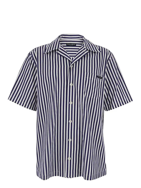 Dolce & Gabbana Blue Bowling Shirt With Cuban Collar And All-over Striped Motif In Cotton For - Multicolor