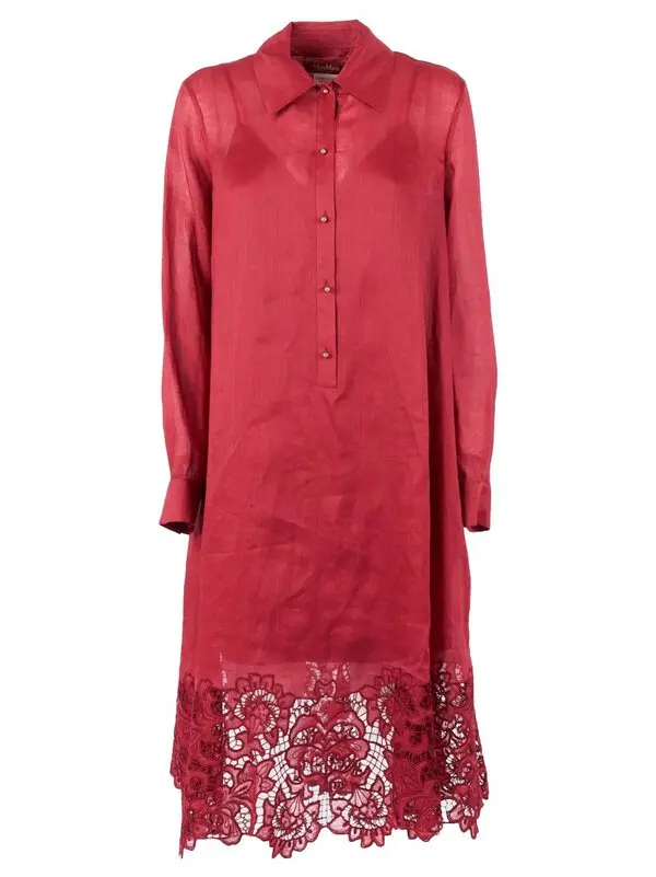 Max Mara Ramie Button-up Dress With Lace Trim - Red
