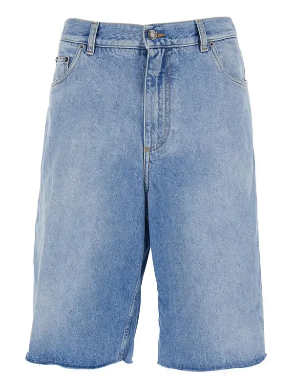 Dolce & Gabbana Blue Denim Bermuda Shorts With Metallic Logo Patch - Multicolor