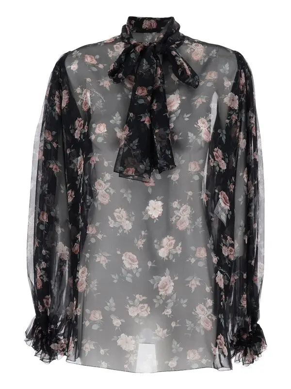 Dolce & Gabbana Black Floral Print Chiffon Blouse With Front Knot - Multicolor