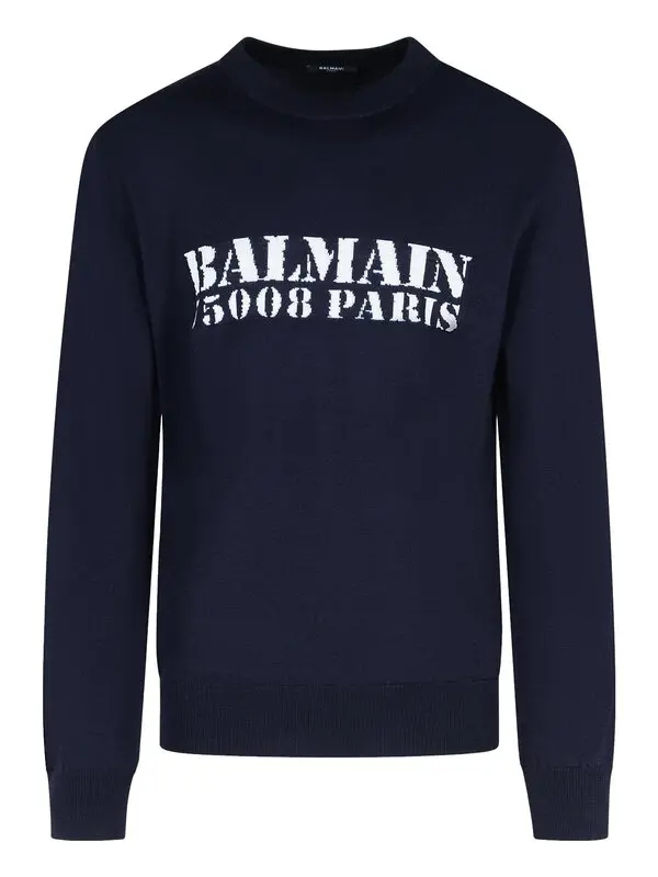 Balmain Merino Wool Sweater With Contrast Logo - Blue