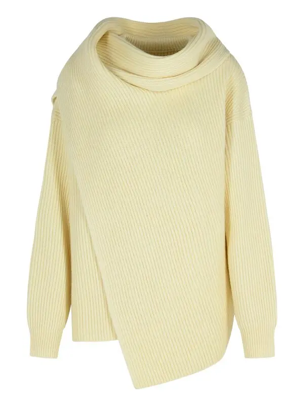 JIL SANDER Ribbed Wool & Cashmere Sweater With Draped Scarf Neck - Cream