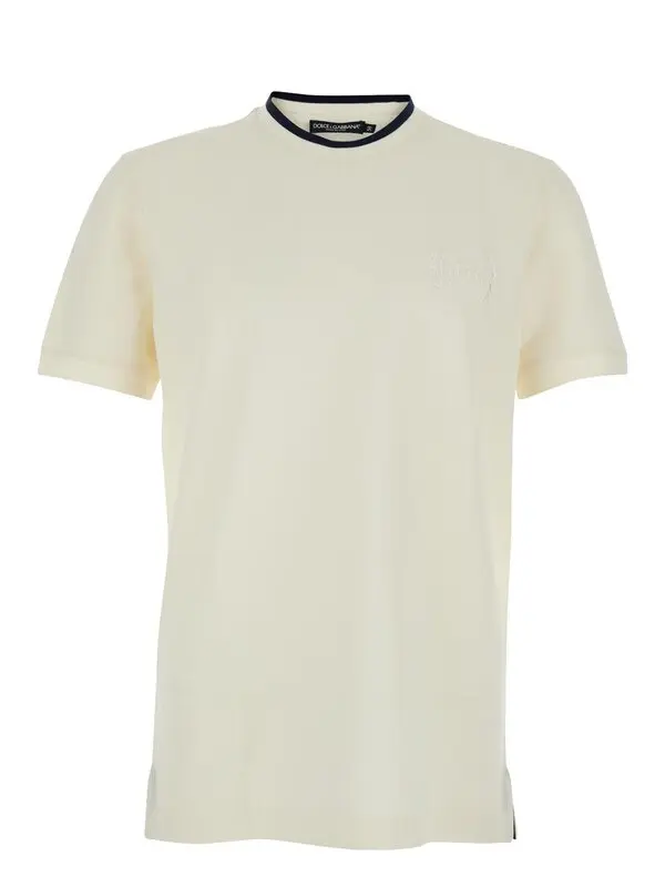 Dolce & Gabbana White Crew Neck T-shirt With Logo On The Front In Tech Fabric - Multicolor