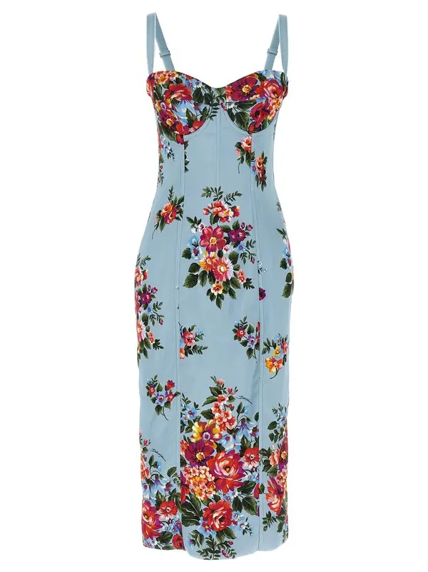 Dolce & Gabbana Mazzo Di Fiori' Print Stretch Satin Sheath Dress - Blue