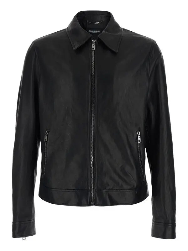 Dolce & Gabbana Leather Zip-up Jacket With Back Logo Patch - Multicolor