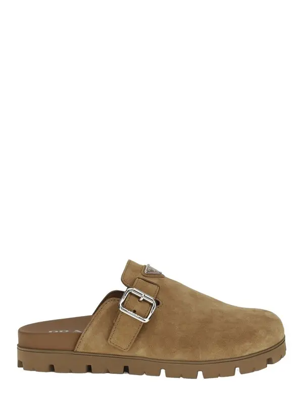 Prada Suede Mules With Metal Triangle Logo - Cream