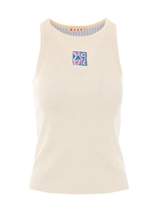 Marni Ribbed Crew Neck Sleeveless Top With Embroidered Logo - White