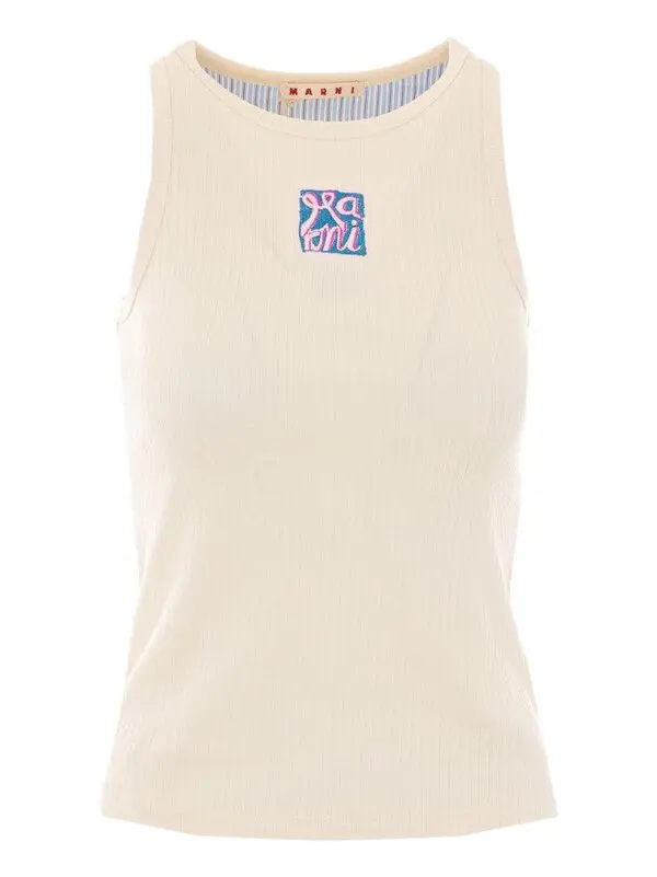 Marni Ribbed Crew Neck Sleeveless Top With Embroidered Logo - White