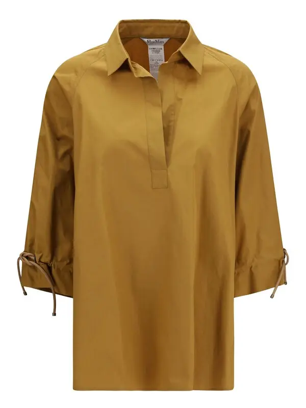 Max Mara Madorni Cotton Shirt With Leather Drawstring Sleeves - Cream