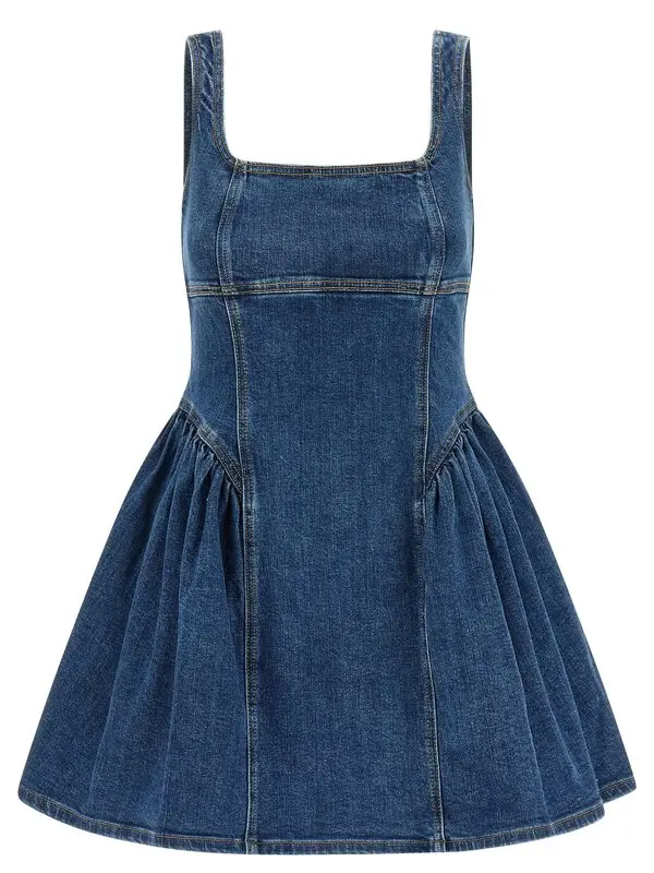 SELF-PORTRAIT Denim Mini Dress With Ruffled Skirt - Blue