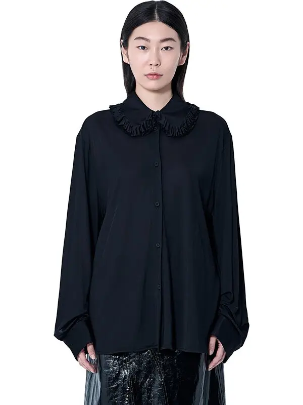 JIL SANDER Viscose Ruffle Collar Button-down Shirt - Black