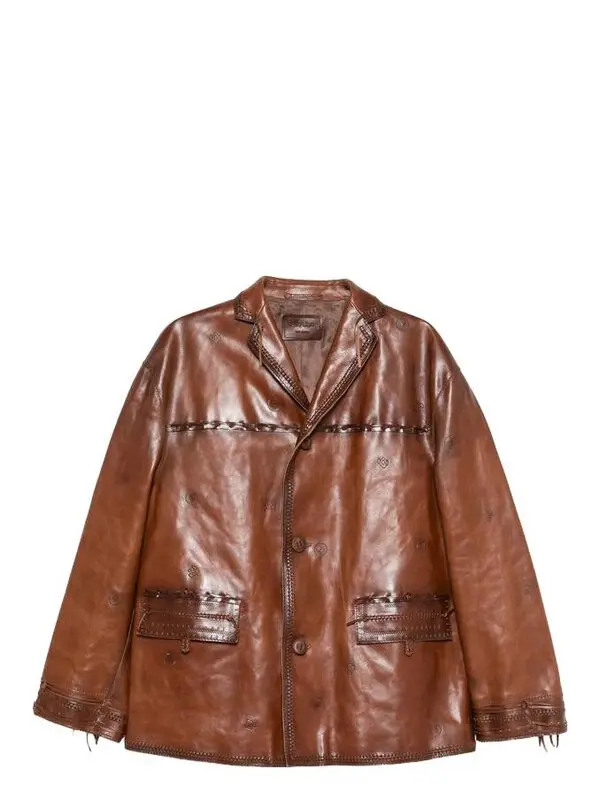 Prada Leather Jacket With Braided Trim - Brown