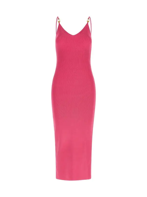 Versace Ribbed Knit Dress With V-neck And Metal Logo Detail - Pink