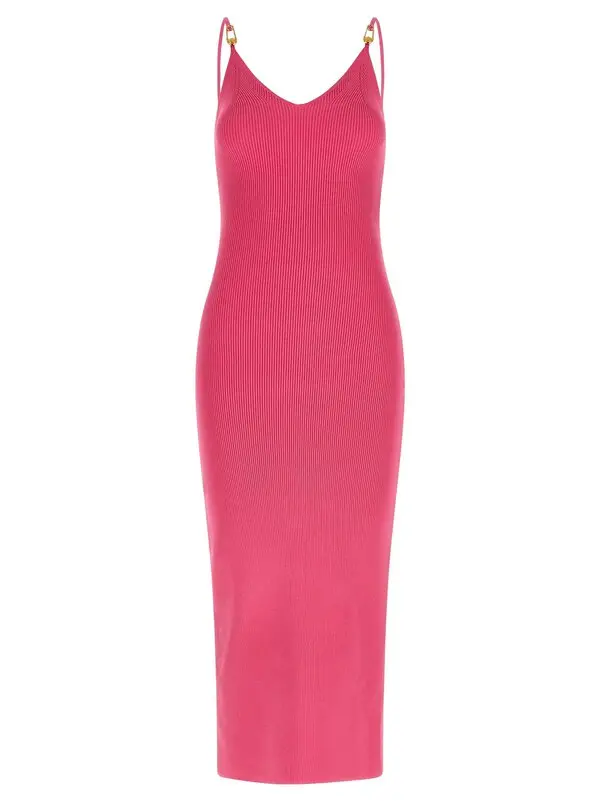 Versace Ribbed Knit Dress With V-neck And Metal Logo Detail - Pink