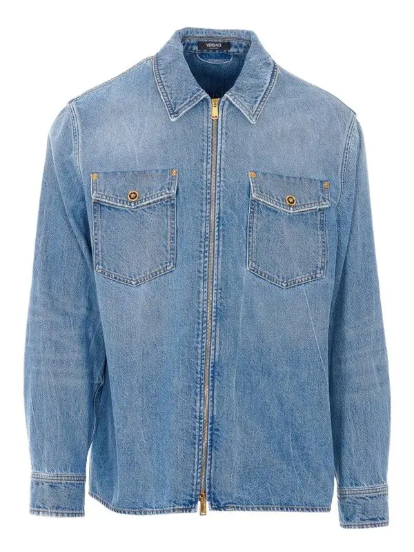 Versace Zipped Denim Shirt With Medusa Buttons - Blue