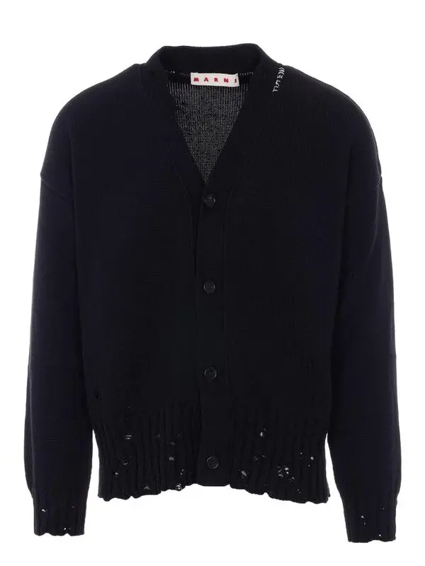 Marni Symbol Embroidered Distressed V-neck Cardigan - Black