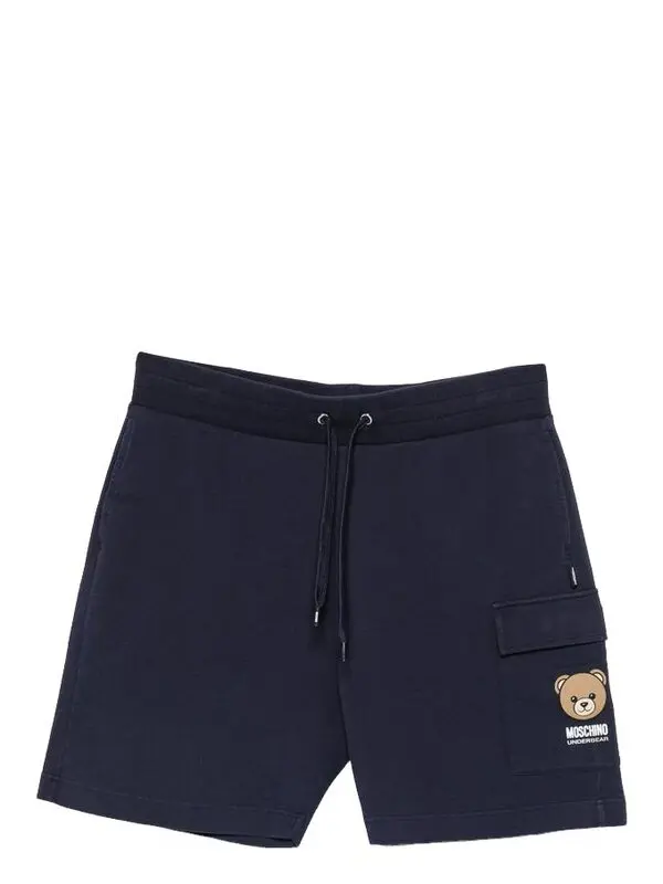 Moschino Navy Cotton Blend Track Shorts With Logo Print Cargo Pocket - Blue