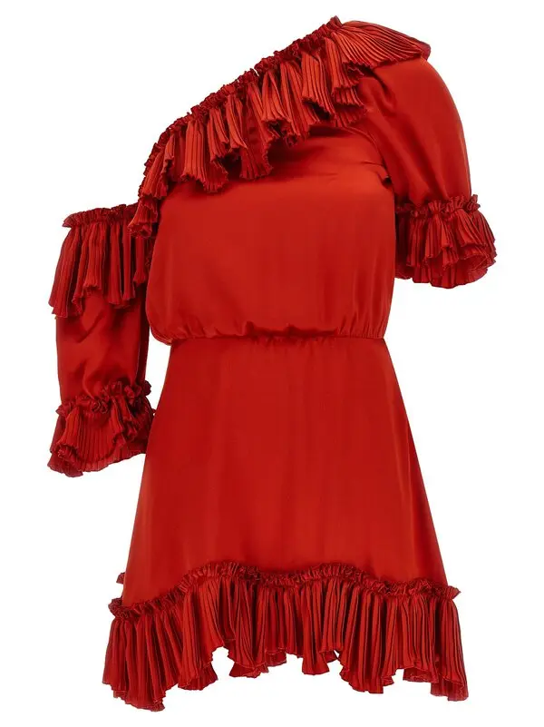 Saint Laurent One-shoulder Ruffled Silk Satin Mini Dress - Red