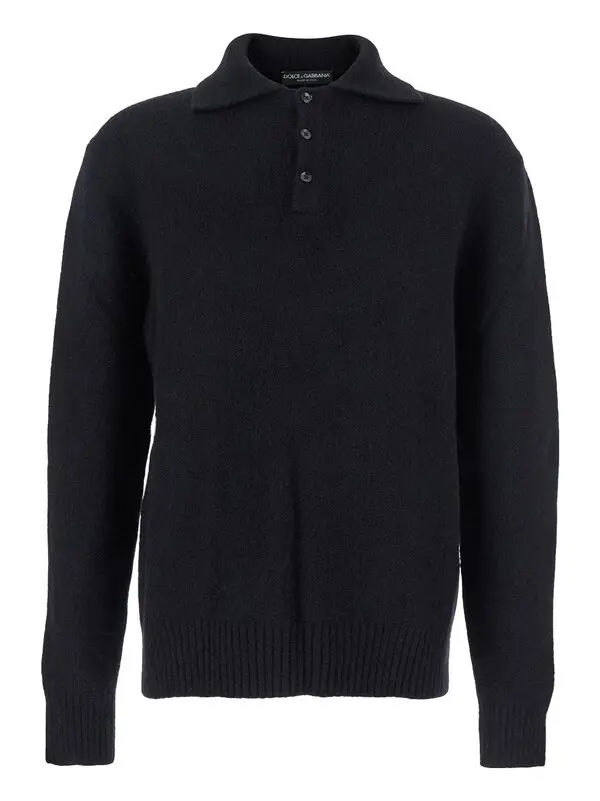 Dolce & Gabbana Black Wool Polo Sweater With Back Logo Patch - Multicolor