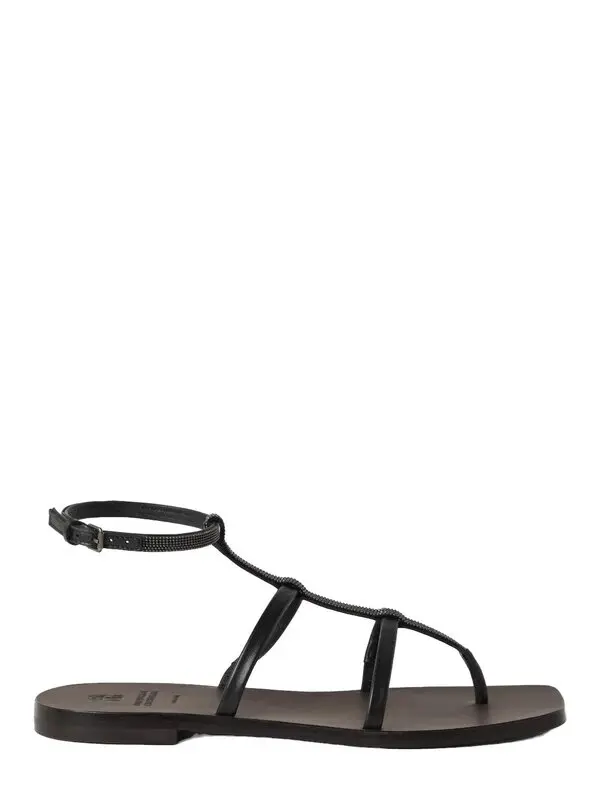 Brunello Cucinelli Leather Sandals With Rhinestone Embellishments - Black
