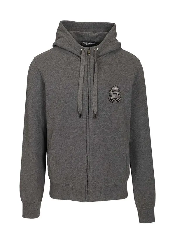 Dolce & Gabbana Full Zip Hooded Sweatshirt With Heraldic Patch - Gray