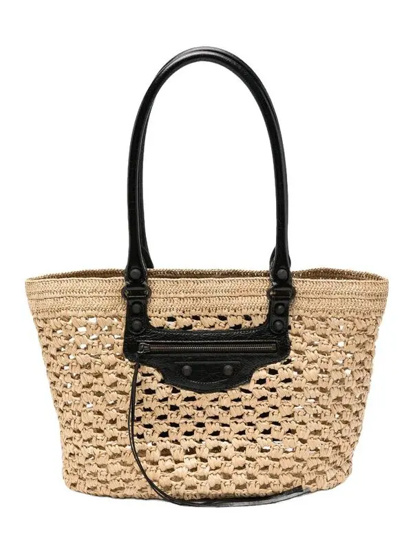 Balenciaga Raffia Tote Bag With Leather Accents - Cream