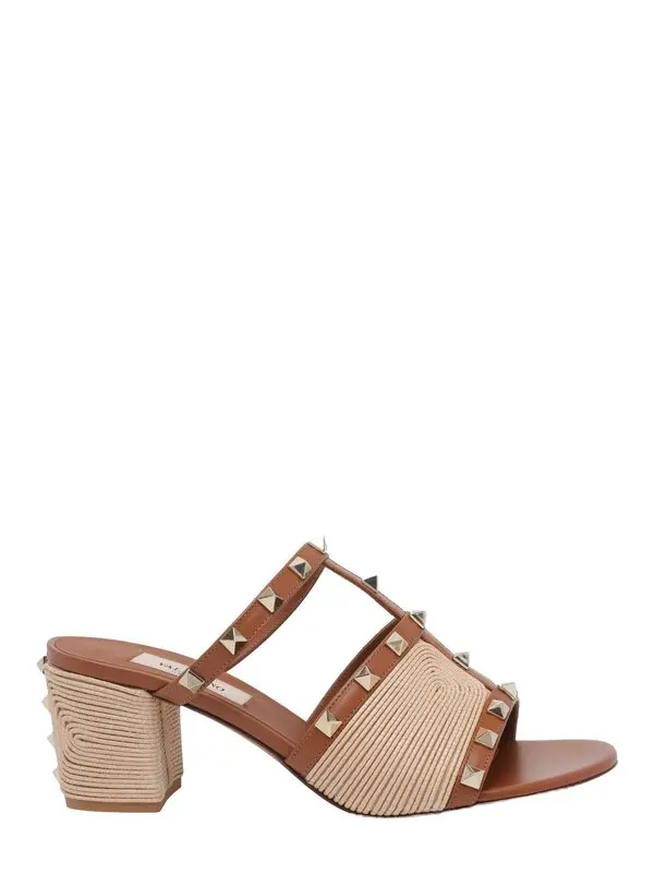 Valentino Garavani Rockstud Raffia And Leather Slider Sandals - Cream