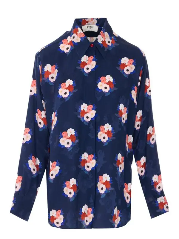 Fendi Silk Bouquet Print Long Sleeve Shirt - Blue