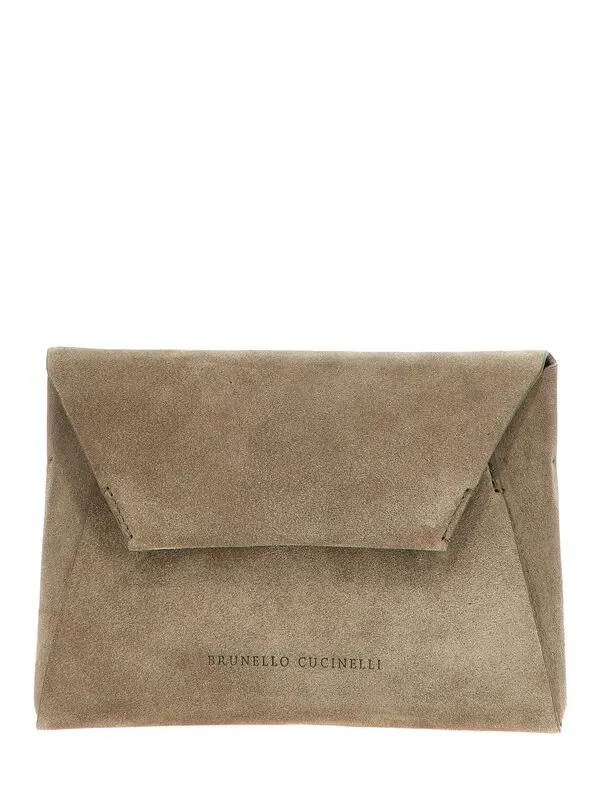 Brunello Cucinelli Monile Suede Clutch Bag With Chain Strap - Gray