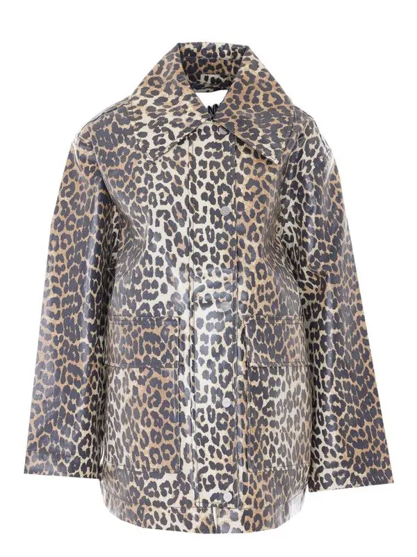 GANNI Laminated Leopard Print Jacket With Removable Collar - Brown