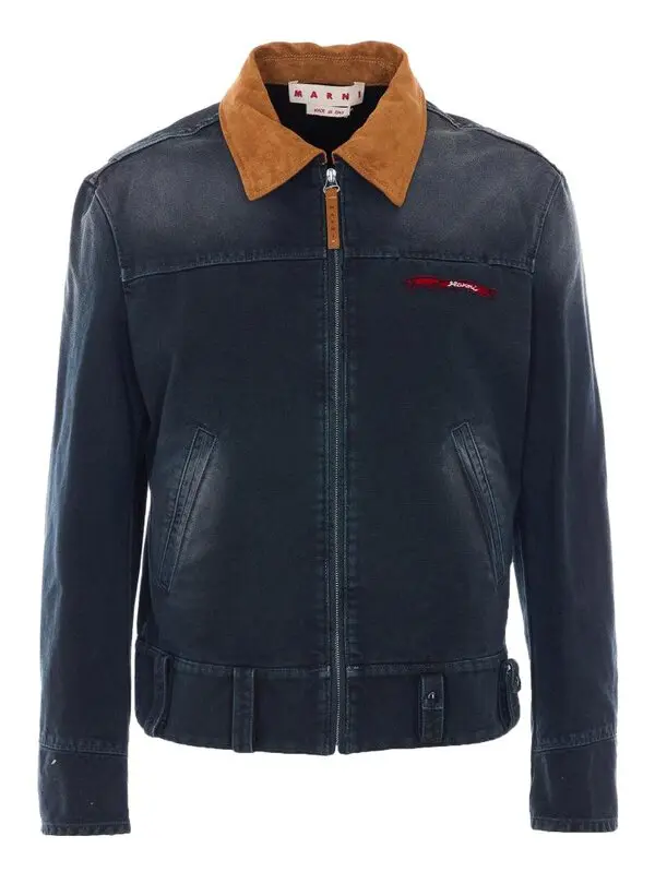 Marni Canvas Jacket With Contrasting Collar And Logo - Blue