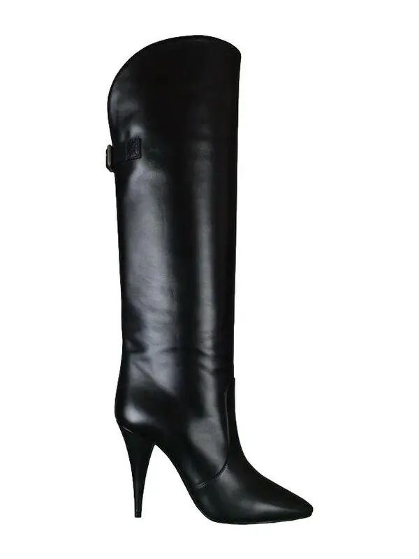 Saint Laurent Leather Buckled Knee High Boots - Black