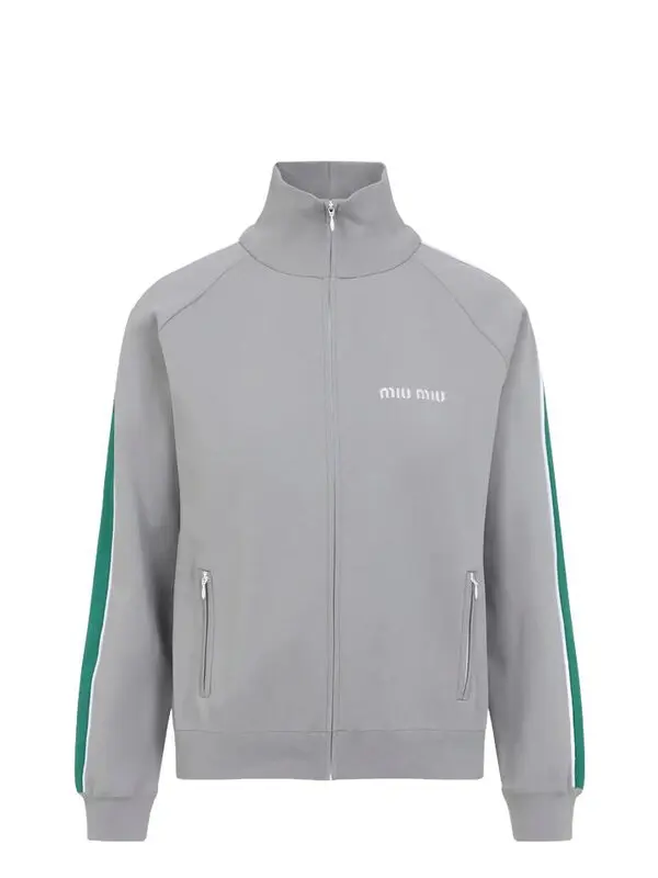 Miu Miu Grey Funnel Neck Zip-up Sweatshirt With Striped Sleeves - Gray