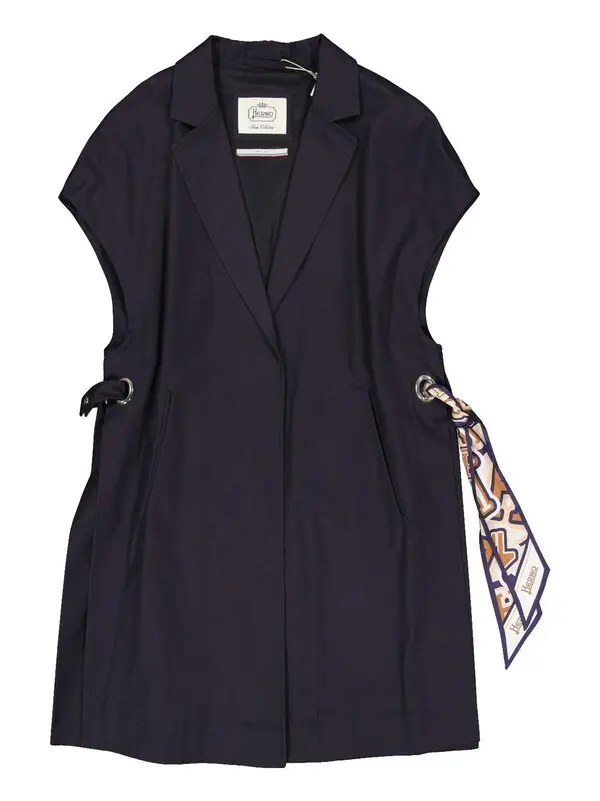 Herno Sleeveless V-neck Long Coat With Side Slits And Printed Scarf Detail - Blue
