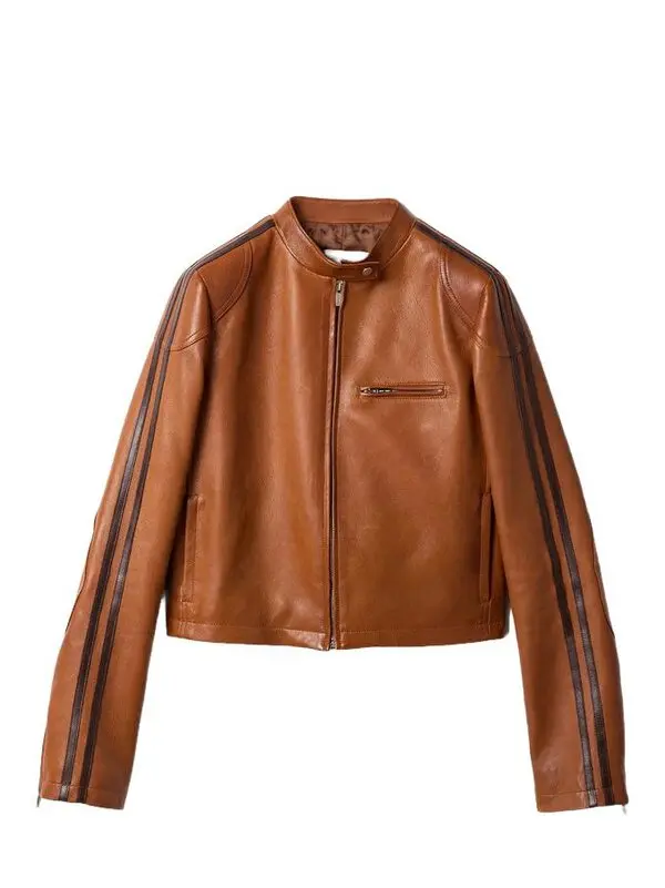 Miu Miu Leather Jacket With Embossed Logo - Brown