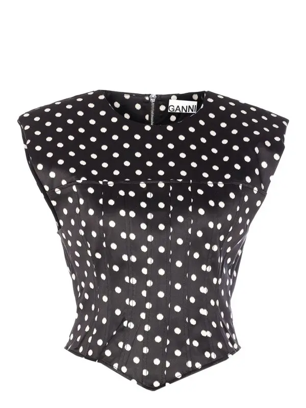GANNI Polka Dot Satin Corset Top - Black