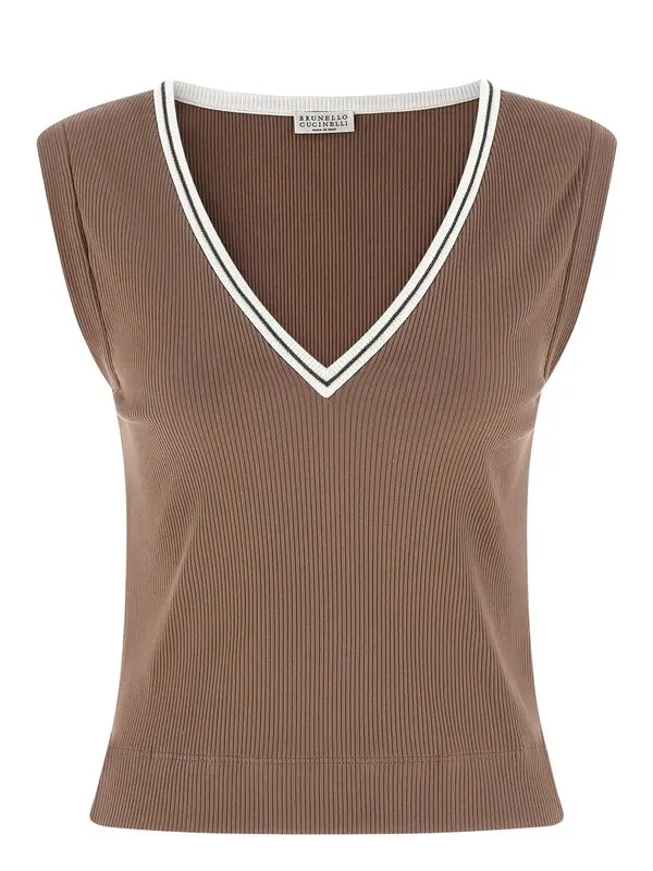 Brunello Cucinelli Ribbed V-neck Tank Top With Monile Trim - Brown