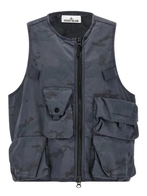 Stone Island Camouflage Print Utility Vest - Blue