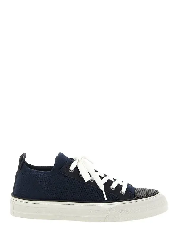 Brunello Cucinelli Cotton And Suede Knit Sneakers With Monile 'precious Toe - Blue