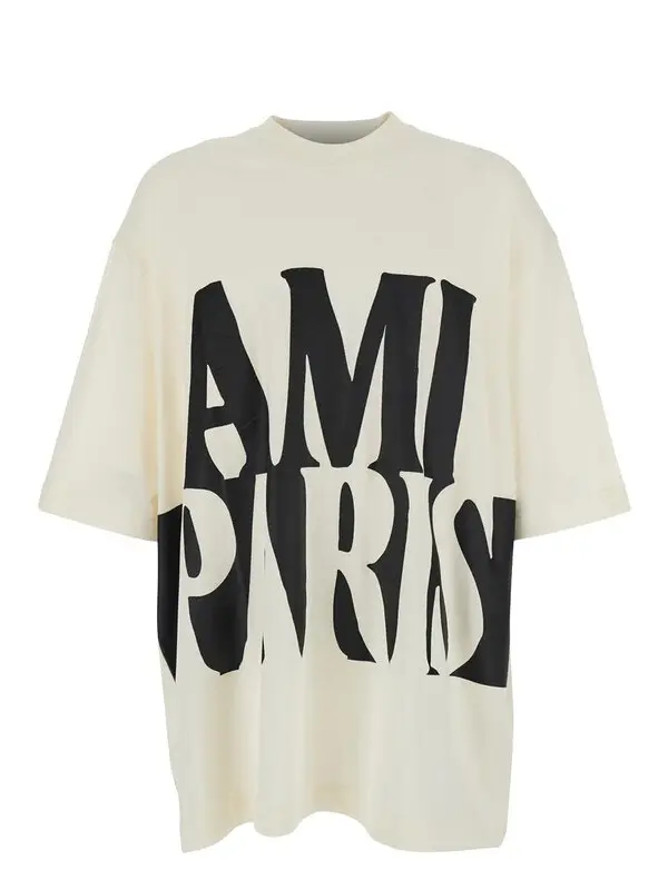 Ami White Crew Neck T-shirt With Maxi Logo Print On The Front And Adc Detail On The Back In Cotton For - Multicolor