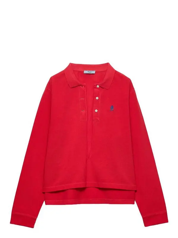 Prada Cotton Piqué Knit Long Sleeve Polo Top - Red