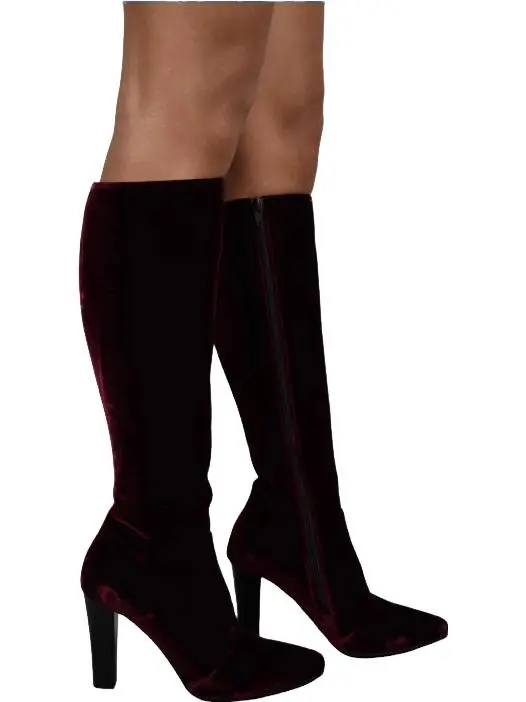 Saint Laurent Velvet Knee High Zip Up High Heel Boots - Red