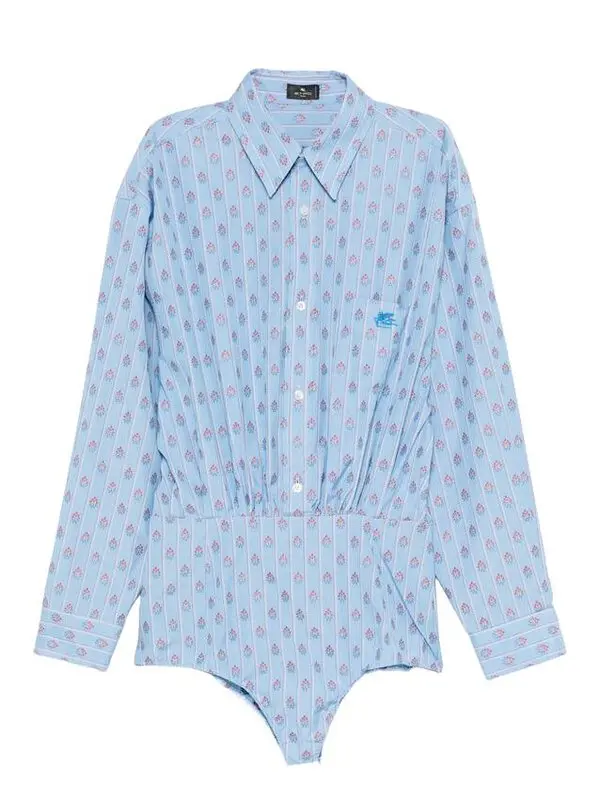 Etro Light Floral Print Striped Cotton Button-up Shirt - Blue
