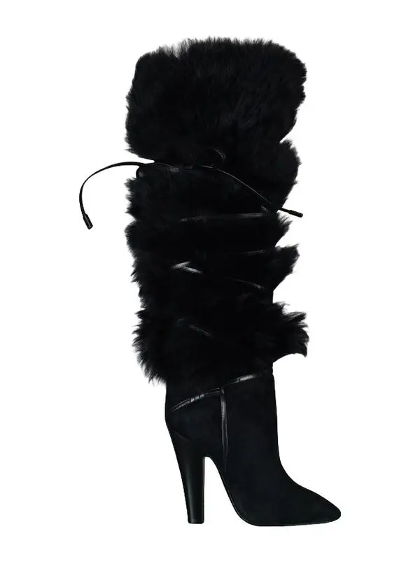 Saint Laurent Suede And Fur High Heel Boots - Black