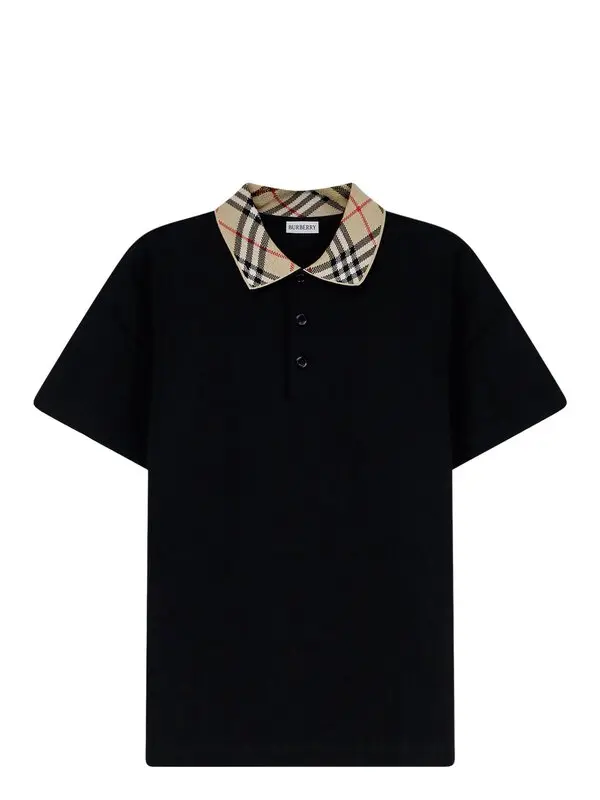Burberry Cotton Polo Shirt With Check Collar Detail - Black