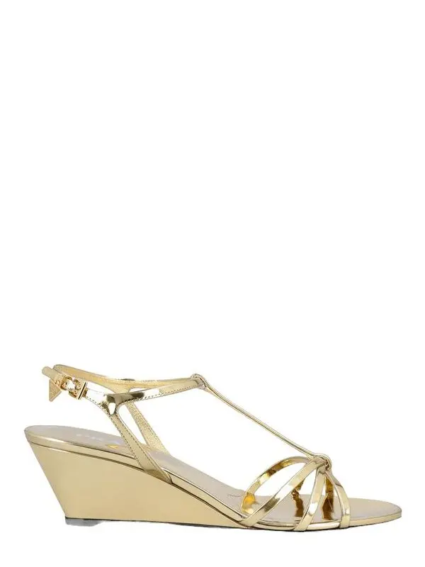 Prada Patent Calf Leather Wedge Heel Sandals With Buckle Fastening - Gold