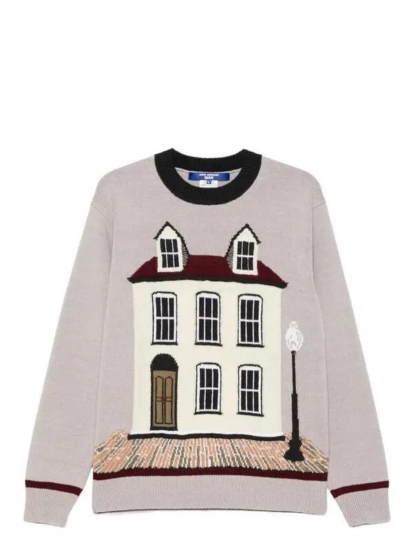 Junya Watanabe Stone Grey Wool Blend Crew Neck House Motif Sweater - Gray