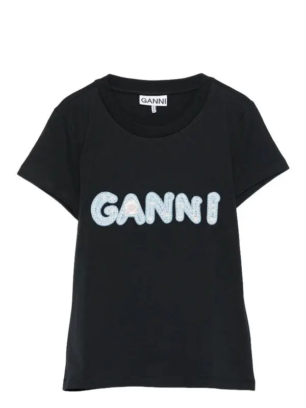 GANNI Organic Cotton Logo Embroidered T-shirt - Black